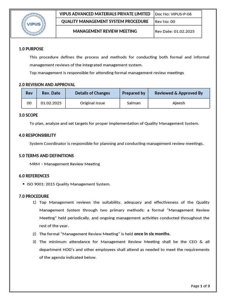 06 - Procedure - Management Review Meeting | PDF | Quality Management ...