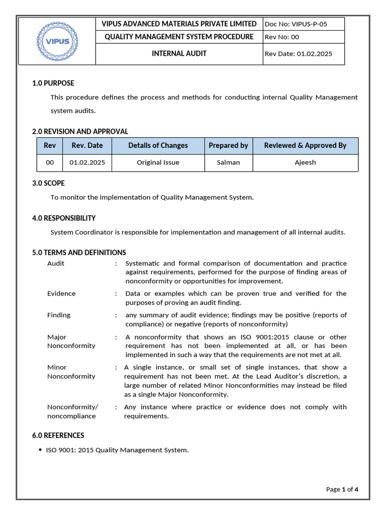 Internal Audit Procedure for Quality Management | PDF | Audit | Internal Audit