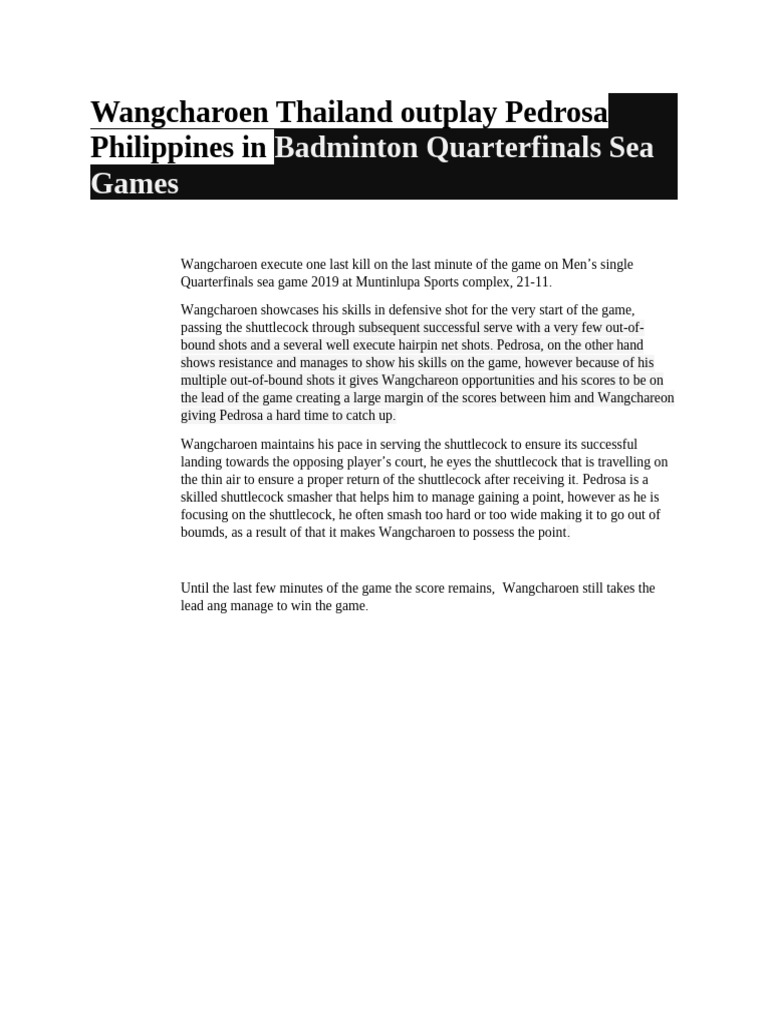 Wangcharoen Thailand Outplay Pedrosa Philippines in Badminton ...