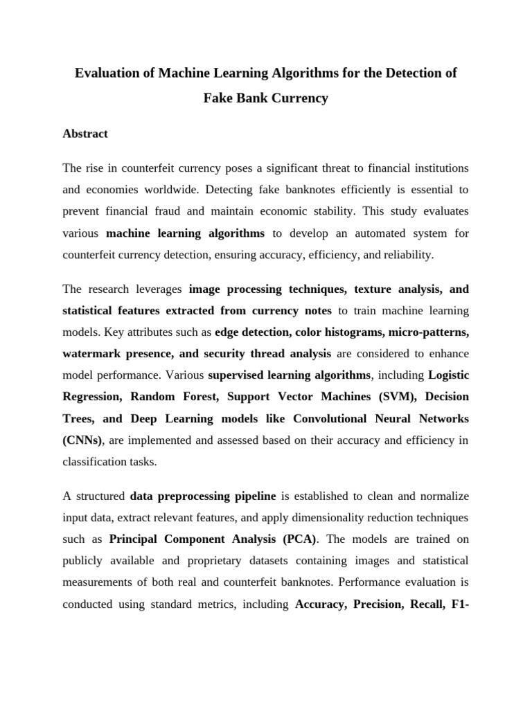 Machine Learning for Fake Currency Detection | PDF | Machine Learning ...