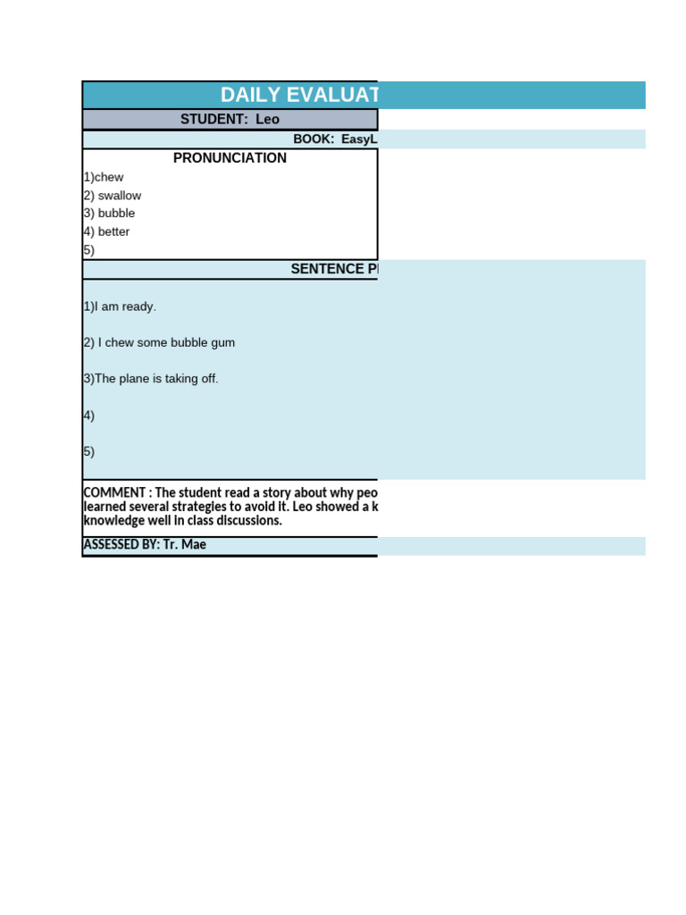 Daily Evaluation Report Summary | PDF | Vocabulary | Reading Comprehension