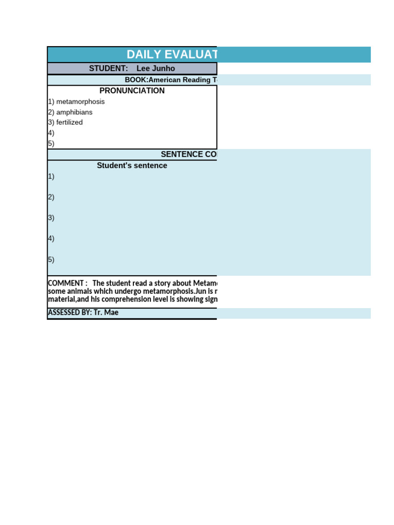 Daily Evaluation Report- Jun(Lee Junho)-Tr.Mae | PDF | Reading Comprehension | Physical Sciences