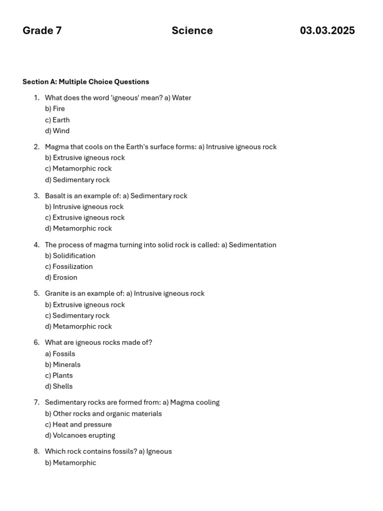 Grade 7 Science 03.03.2025 | PDF | Rock (Geology) | Igneous Rock