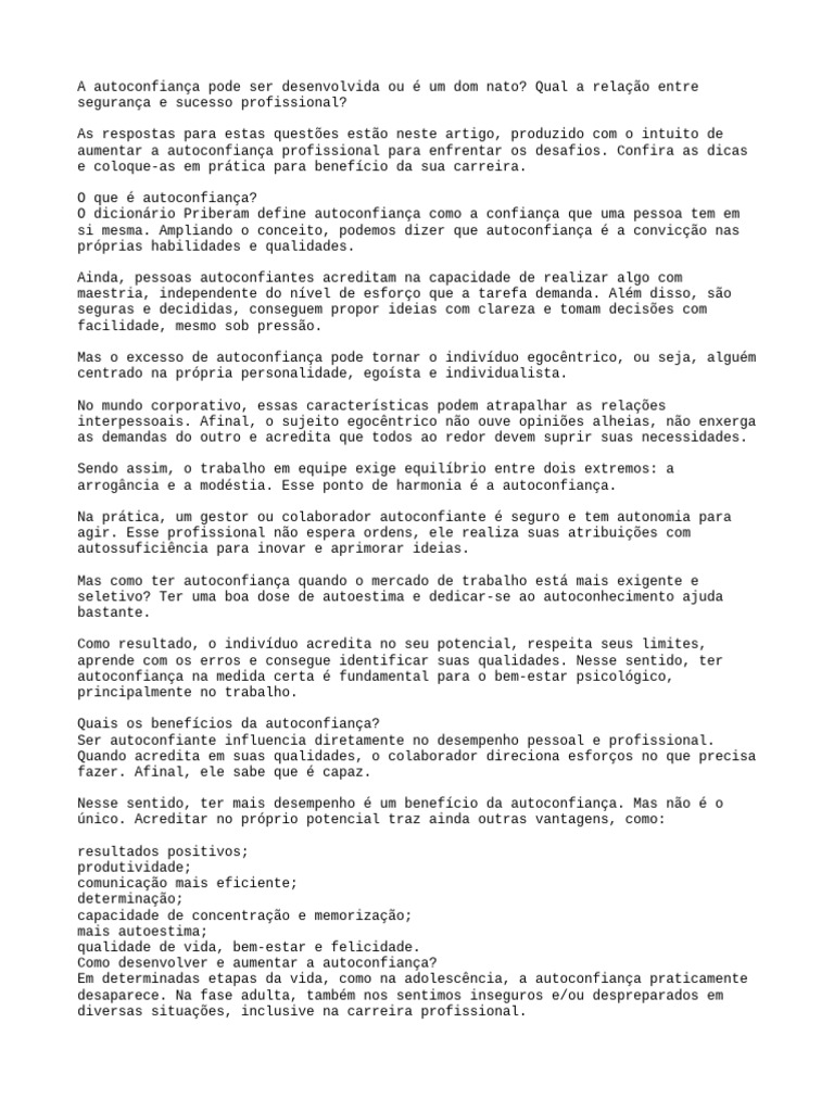 Dicas para Aumentar a Autoconfiança | PDF | Autoestima | Gestão de ...