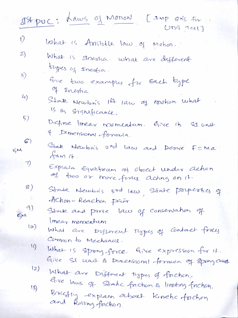 Pu11 Laws of Motion Imp Questions For Unit Test | PDF