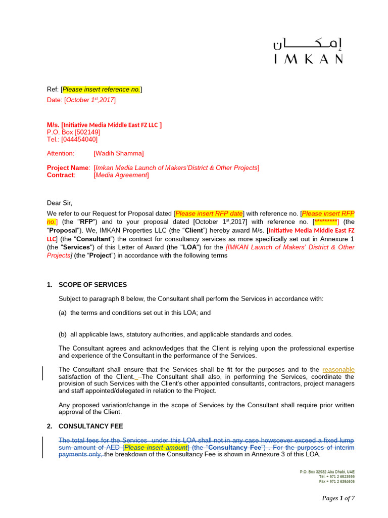 IMKAN Standard LOA 281116 First Draft | PDF | Indemnity | Private Law