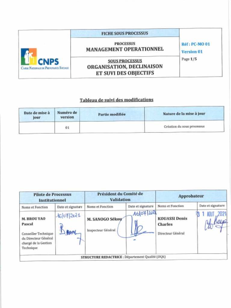FICHE SOUS-PROCESSUS MO - Organisation - Déclinaison Et Suivi Des ...