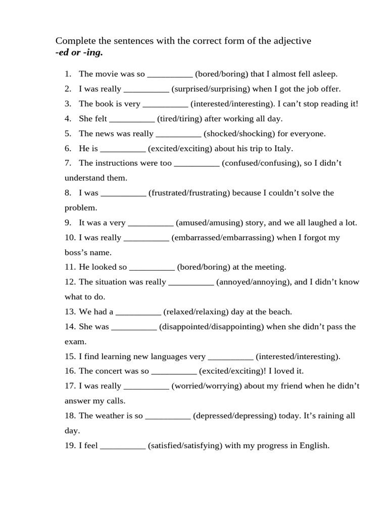 Adjective Form Exercise: -ed vs -ing | PDF
