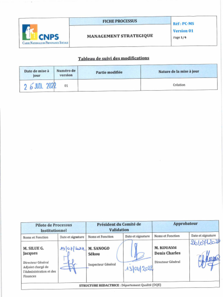 Fiche Processus - Management Strategique | PDF