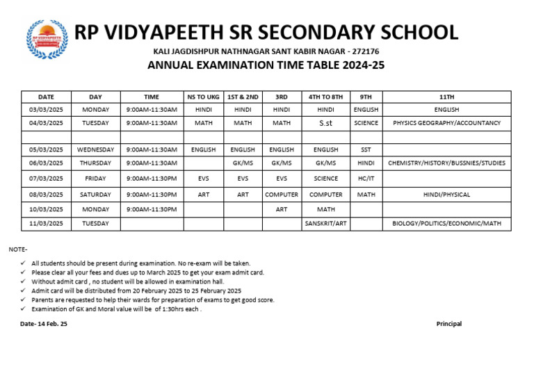 Annual Exam Time Table | PDF