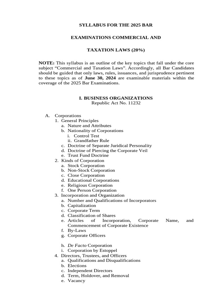Syllabus For The 2025 Bar Examinations Commercial Laws | PDF ...