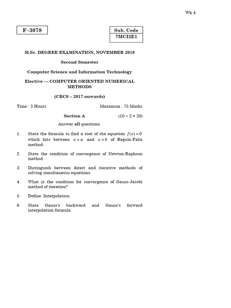 MSC 2 Sem Cs It Computer Oriented Numerical Methods F 3078 Nov 2019 | PDF | Computational ...