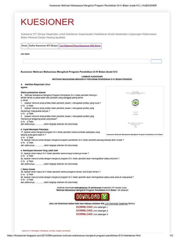 Kuesioner Motivasi Mahasiswa Mengikuti Program Pendidikan D-IV Bidan (Kode141) _ KUESIONER | PDF