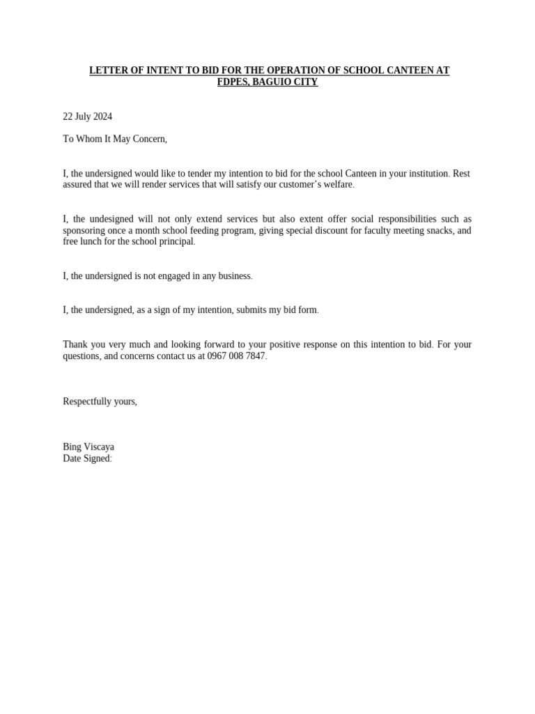 Letter of Intent To Bid For The Operation of School Canteen at | PDF