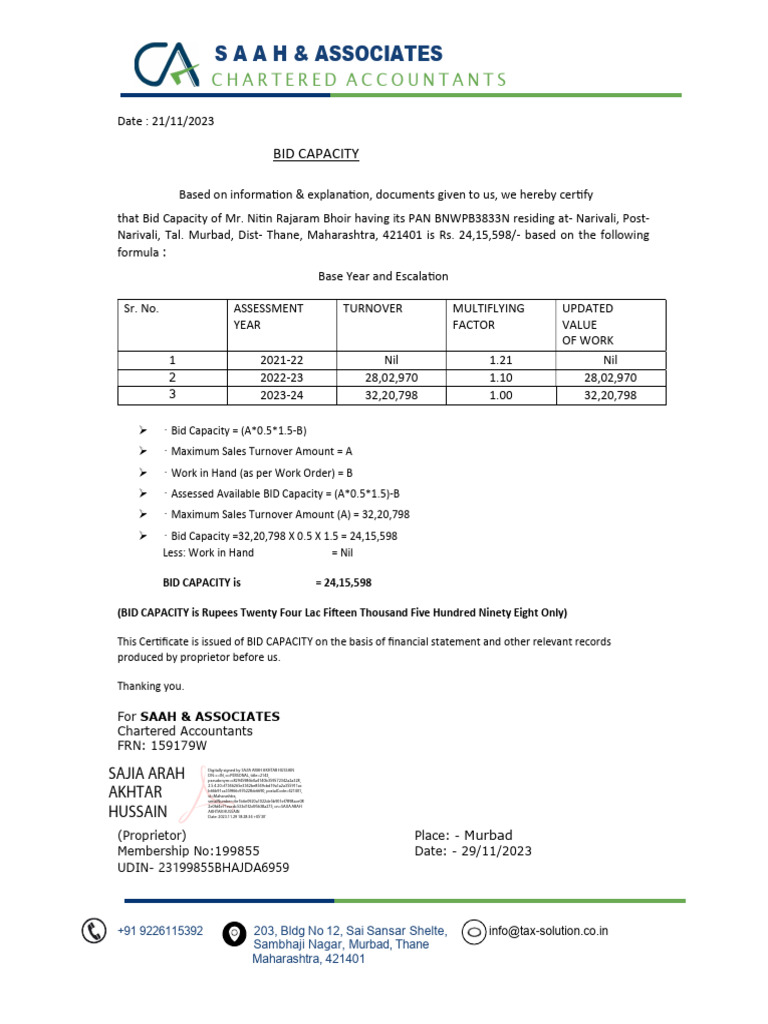 BID Capacity Certificate | PDF
