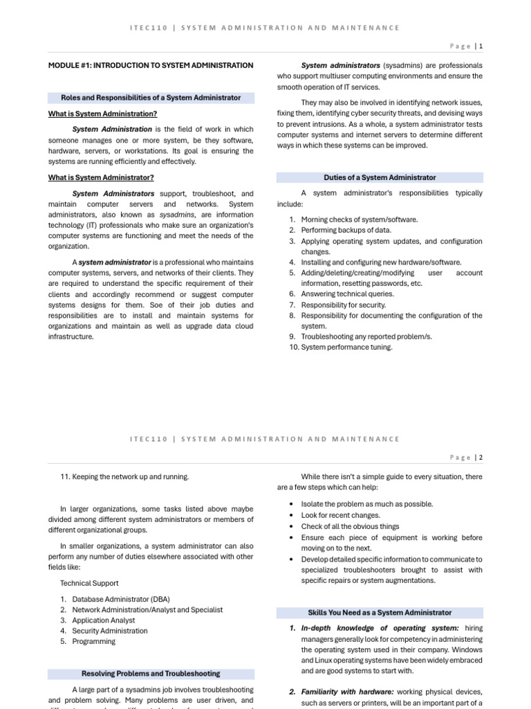 MODULE-1-INTRODUCTION-TO-SYSTEM-ADMINISTRATION | PDF | Computer Network | System Administrator