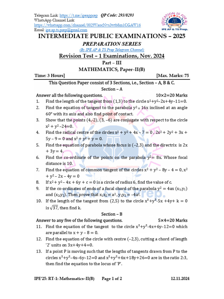 IPE'25 RT-1 Sr. Mathematics-2 (B) | PDF | Circle | Classical Geometry