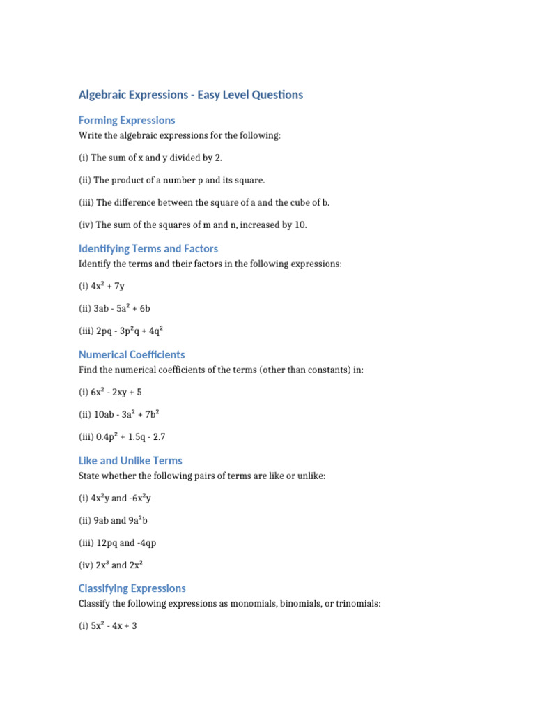 Algebraic Expressions Questions | PDF | Computational Science ...