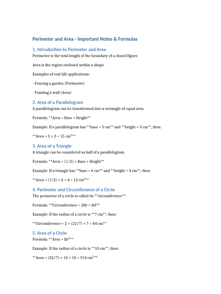 Perimeter and Area Notes | PDF
