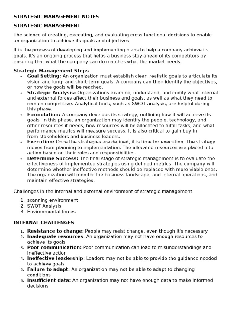 Strategic Management Notes | PDF | Strategic Management | Swot Analysis