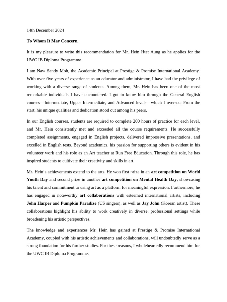 Hein Htet Aung_Recommendation Letter | PDF