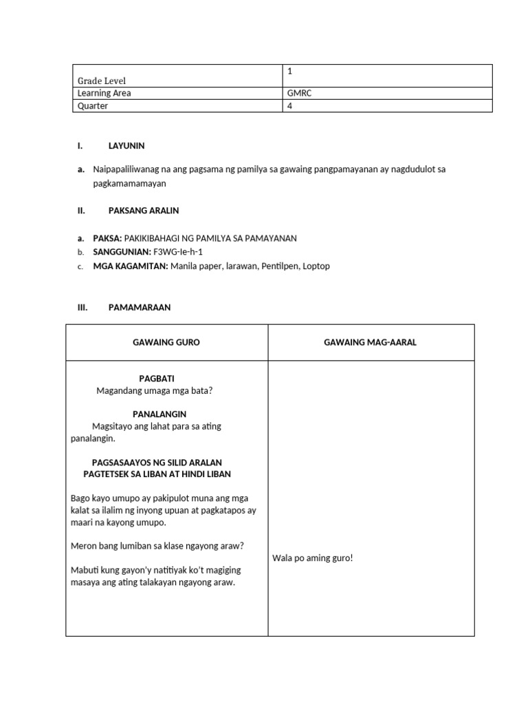 LP - GMRC Pakikibahagi NG Pamilya Sa Pamayanan | PDF