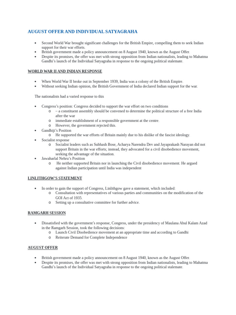 August Offer, Cripps Mission, Wavell Plan | PDF | British Raj | Mahatma ...