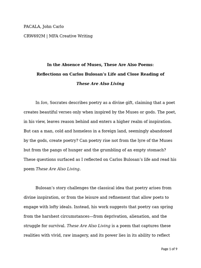 Pacala - Short Reflection Paper 1 - Ars Poetica, Ars Vita of Carlos Bulosan | PDF | Poetry