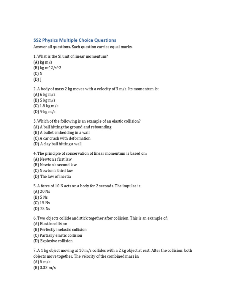 SS2_Physics_Multiple_Choice_Questions (1) | PDF | Heat Capacity | Gases