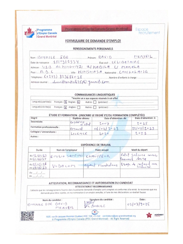 Formulaire de Demande D'emploi | PDF