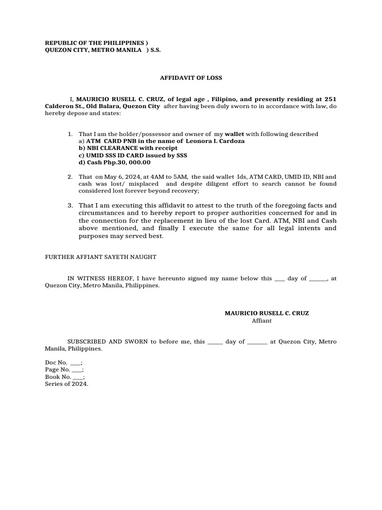 Affidavit of Loss Atm Jusua Clemen | PDF