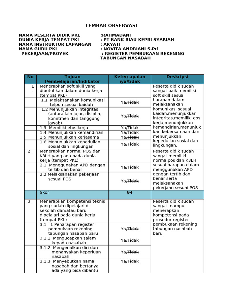 Lembar Observasi Dan Nilai PT BRK Syariah Rahmadani Ok | PDF