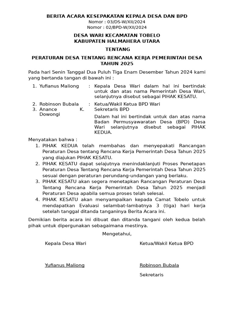 Berita Acara Kesepakatan Kades Dan BPD | PDF
