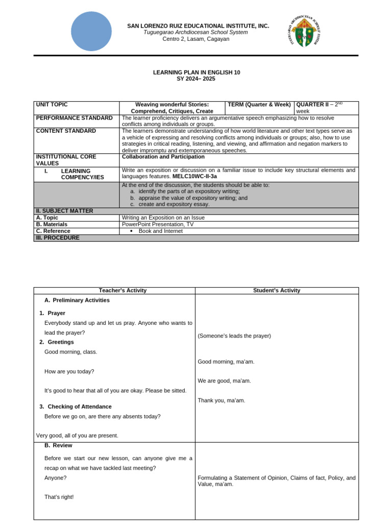 English 10 Expository Writing Plan | PDF | Argument | Verb