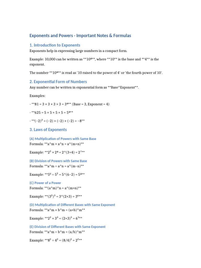 Exponents and Powers Notes | PDF