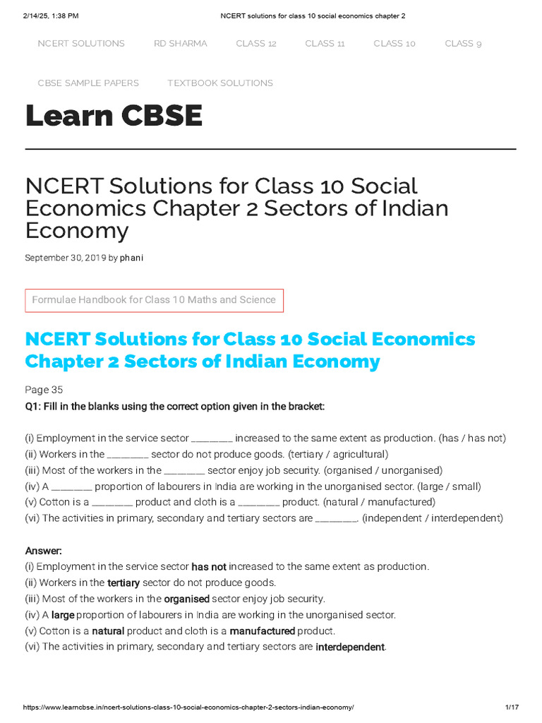 Class 10 Economics Chapter 2 Solutions | PDF | Employment | Working Time