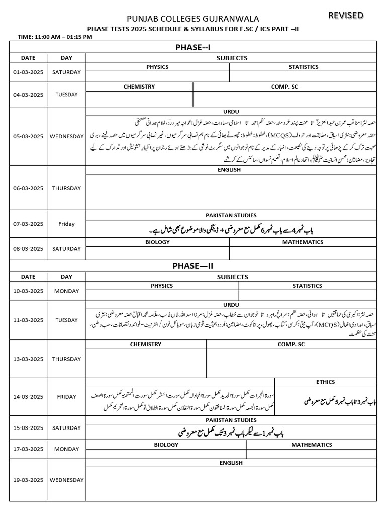 Gujranwala F.Sc/ICS Phase Test Schedule 2025 | PDF