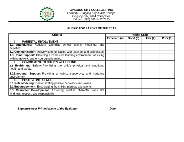 Rubric For The Parent of The Year | PDF