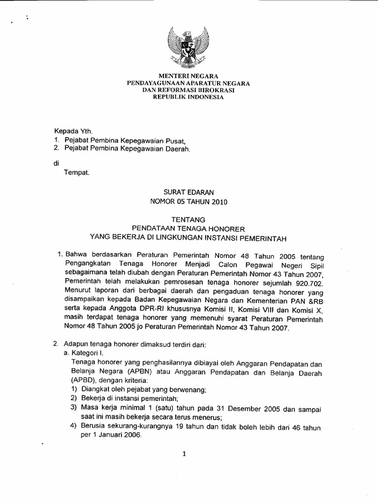 Surat Edaran Menpan Dan RB Nomor 05 Tahun 2010@pendataan Tenaga Honorer ...