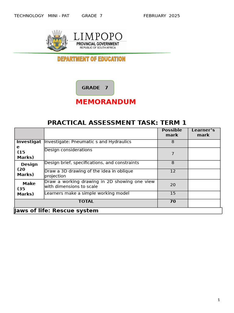 Grade 7 Technology PAT (Marking Guideline) 2025 | PDF | Pneumatics ...