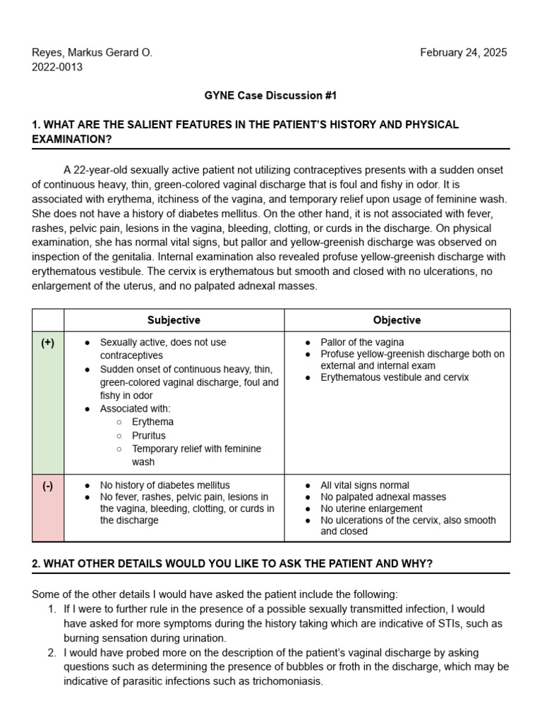 Gynecological Case: Vaginal Discharge Analysis | PDF | Vagina ...