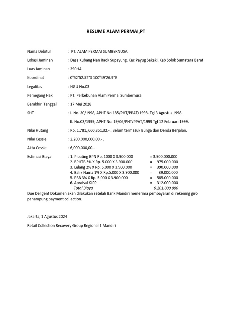 Resume Jaminan PT Alam Permai Sumbernusa | PDF
