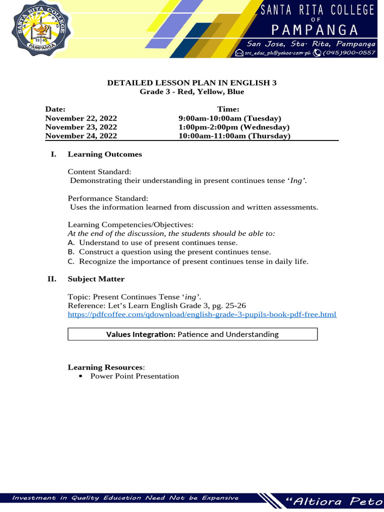 Grade 3 Lesson Plan: Present Continuous Tense | PDF | Syntax | Grammar