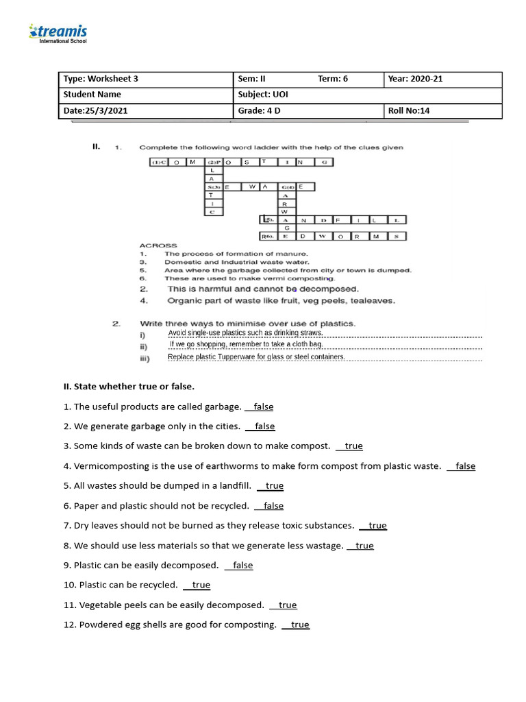 Waste Management True/False Worksheet | PDF