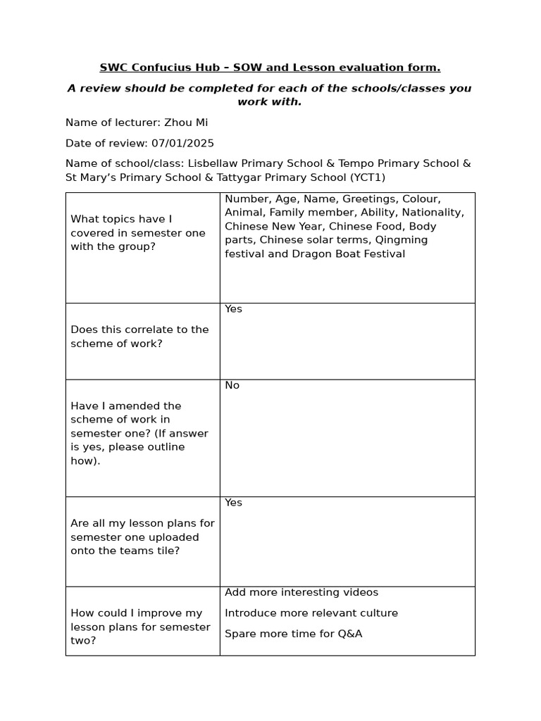 SWC Confucius Hub Sow and Lesson Planning Evaluation Form - Zhou Mi - YCT1 For Primary Schools ...