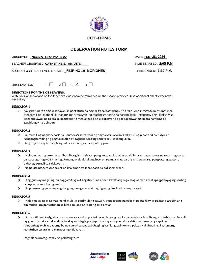 Appendix C 08 COT RPMS Observation Notes Form 1 | PDF