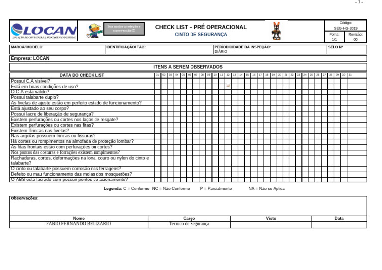 Check List - Cinto de Segurança | PDF