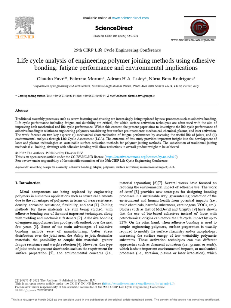 1 s2.0 S2212827122000956 Main | PDF | Life Cycle Assessment | Adhesive