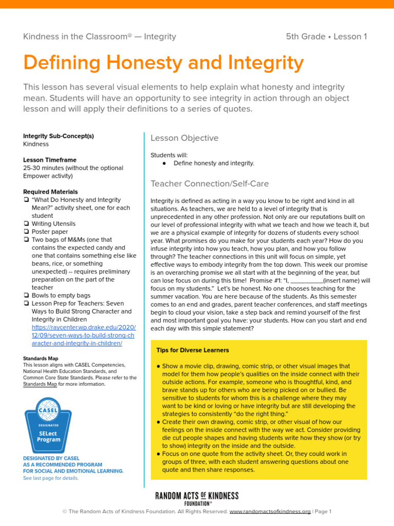 Grade 5 Integrity Lesson 1 Defining Honesty and Integrity | PDF | Learning