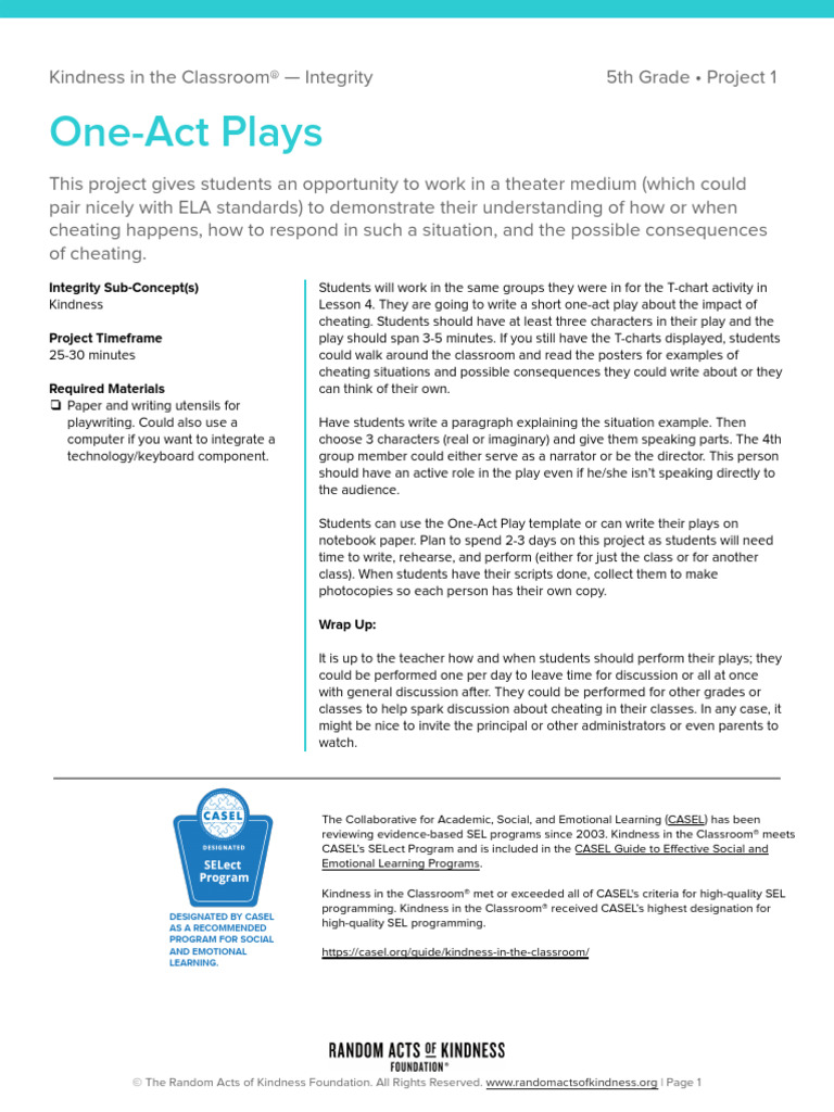 Grade 5 Integrity Project 1 One-Act Plays | PDF | Learning